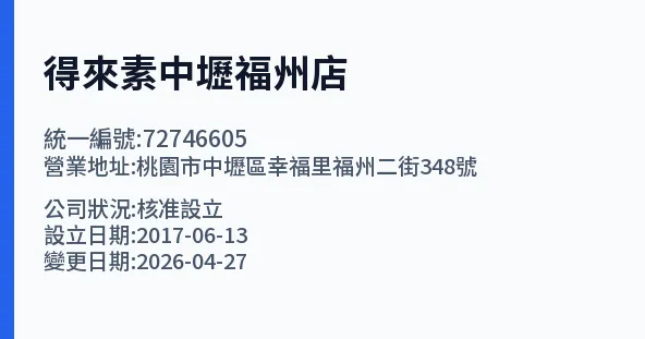 得來素中壢福州店的照片-統編 72746605(桃園市) 公司登記資料與營業項目詳細圖表