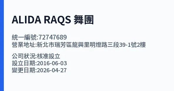 ALIDA RAQS 舞團的照片-統編 72747689(新北市) 公司登記資料與營業項目詳細圖表