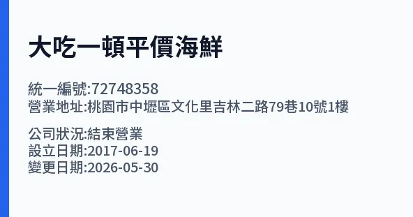 大吃一頓平價海鮮的照片-統編 72748358(桃園市) 公司登記資料與營業項目詳細圖表