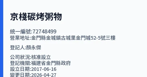 京棧碳烤粥物的照片-統編 72748499(金門縣) 公司登記資料與營業項目詳細圖表