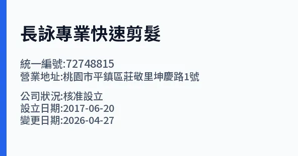 長詠專業快速剪髮的照片-統編 72748815(桃園市) 公司登記資料與營業項目詳細圖表