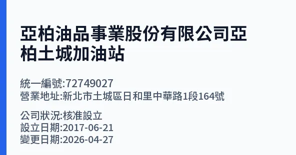 亞柏油品事業股份有限公司亞柏土城加油站的照片-統編 72749027(新北市) 公司登記資料與營業項目詳細圖表