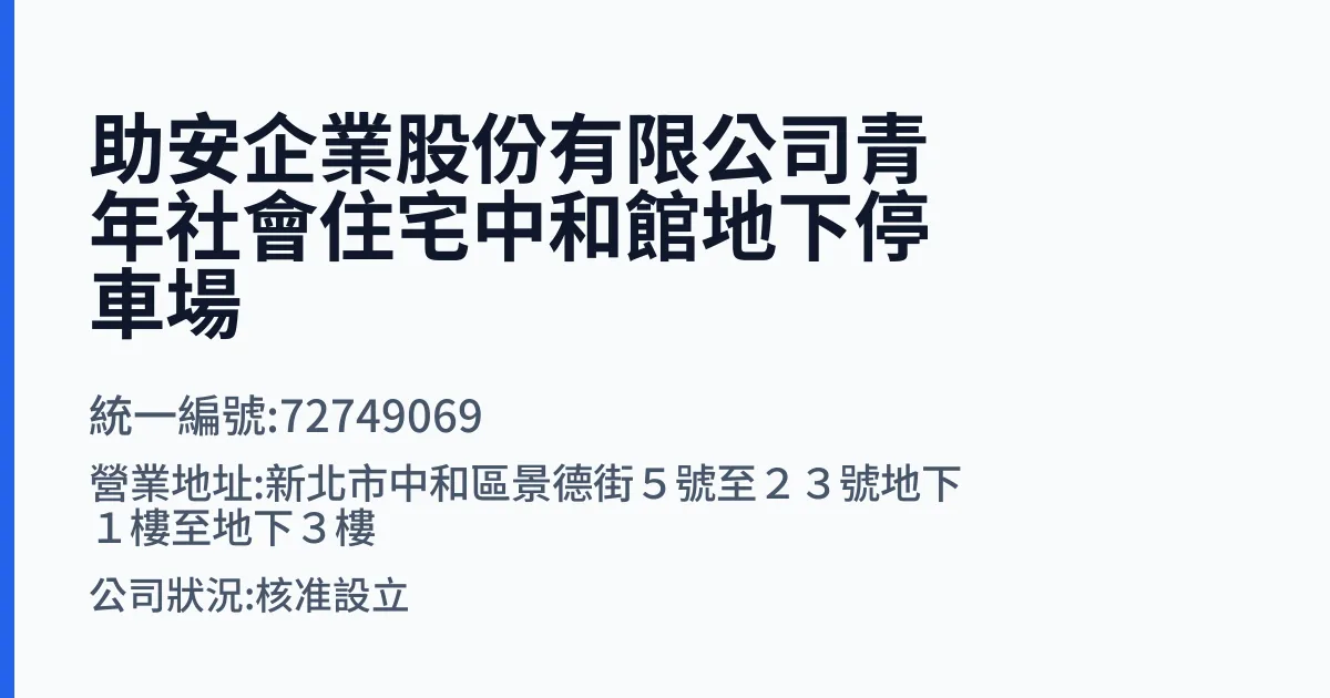 助安企業股份有限公司青年社會住宅中和館地下停車場 - 統編 72749069(新北市) 公司登記資料與營業項目詳細圖表