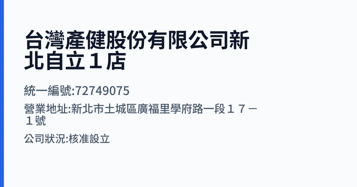 台灣產健股份有限公司新北自立１店 - 統編 72749075（新北市） 公司登記資料與營業項目詳細圖表