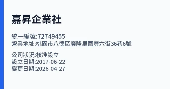 嘉昇企業社的照片-統編 72749455(桃園市) 公司登記資料與營業項目詳細圖表