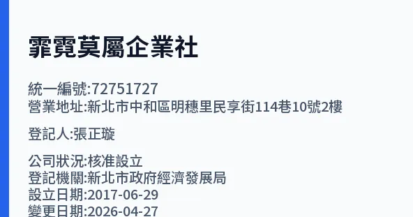 霏霓莫屬企業社的照片-統編 72751727(新北市) 公司登記資料與營業項目詳細圖表