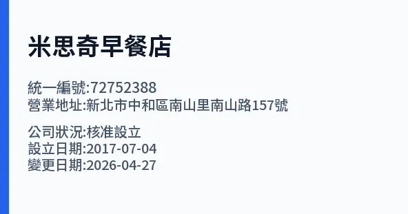 米思奇早餐店的照片-統編 72752388(新北市) 公司登記資料與營業項目詳細圖表