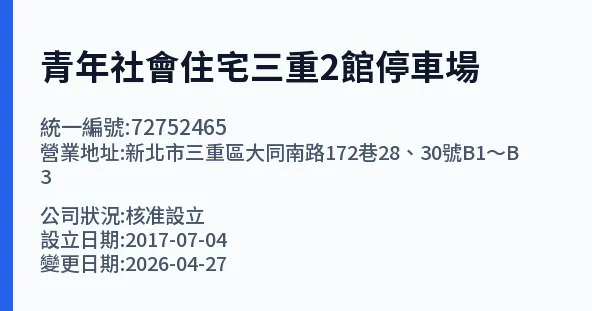 青年社會住宅三重2館停車場的照片-統編 72752465(新北市) 公司登記資料與營業項目詳細圖表