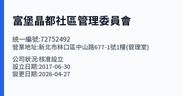 富堡晶都社區管理委員會的照片-統編 72752492(新北市) 公司登記資料與營業項目詳細圖表