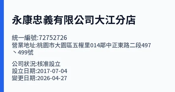 永康忠義有限公司大江分店的照片-統編 72752726(桃園市) 公司登記資料與營業項目詳細圖表