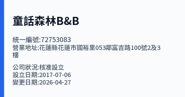 童話森林B&B的照片-統編 72753083(花蓮縣) 公司登記資料與營業項目詳細圖表
