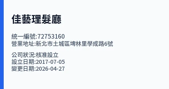 佳藝理髮廳的照片-統編 72753160(新北市) 公司登記資料與營業項目詳細圖表