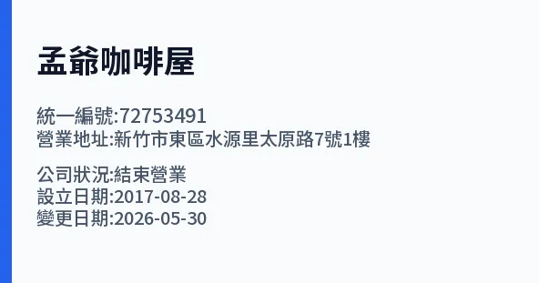 孟爺咖啡屋的照片-統編 72753491(新竹市) 公司登記資料與營業項目詳細圖表