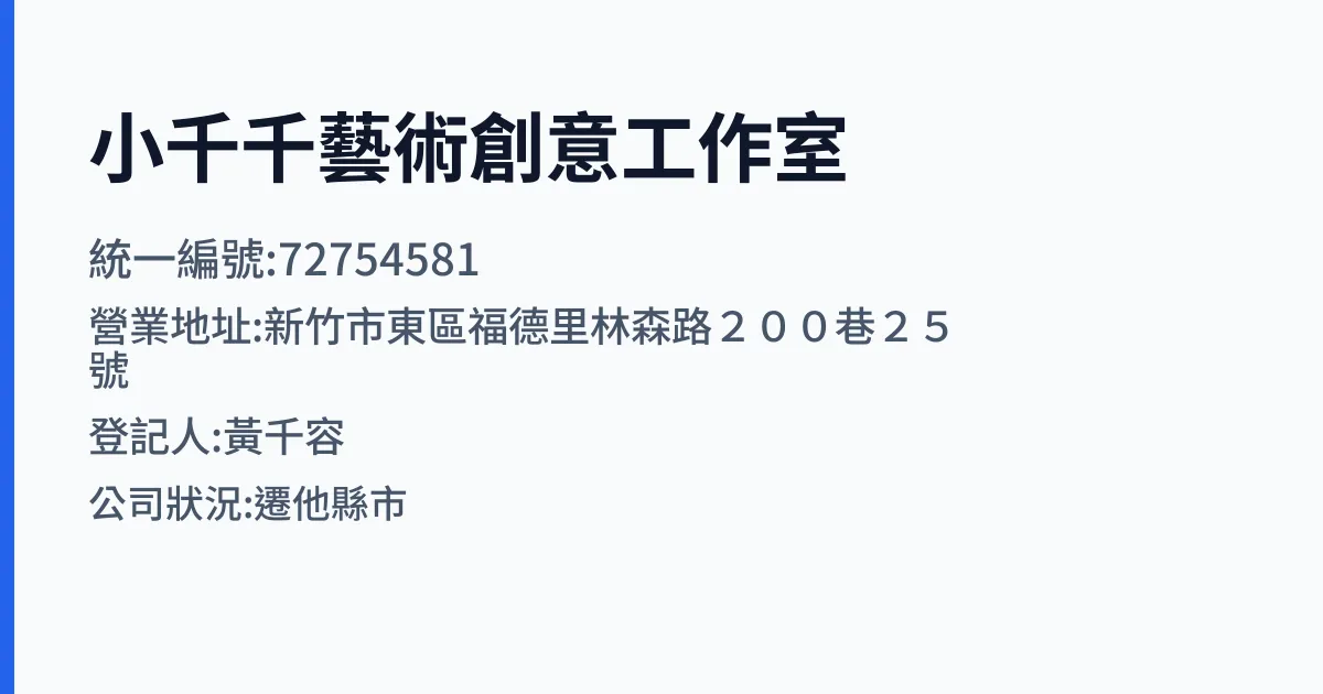 小千千藝術創意工作室 - 統編 72754581（新北市） 公司登記資料與營業項目詳細圖表