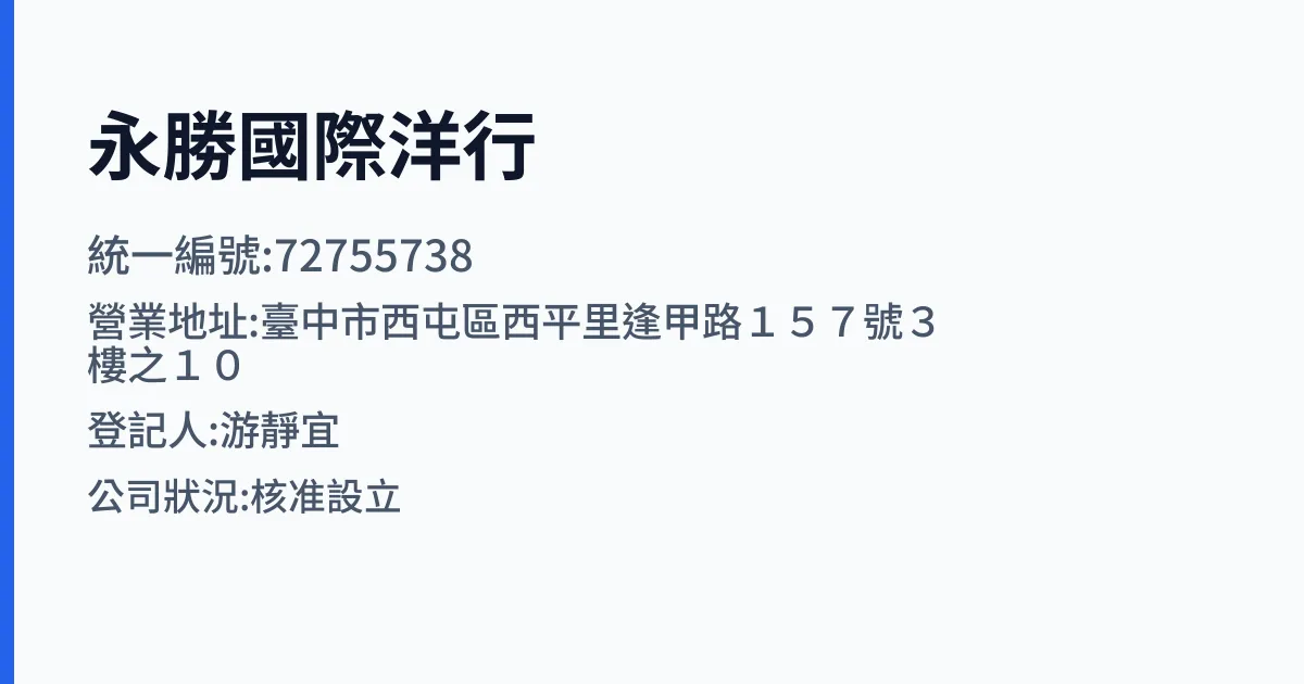 永勝國際洋行 - 統編 72755738(臺中市) 公司登記資料與營業項目詳細圖表