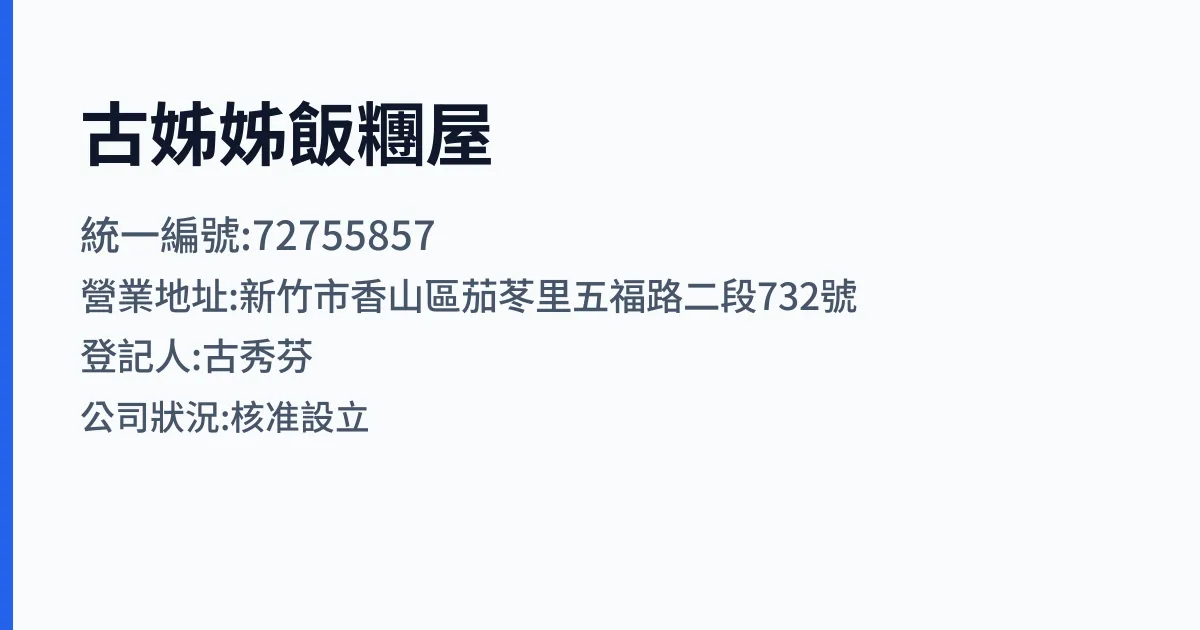 古姊姊飯糰屋 - 統編 72755857(新竹市) 公司登記資料與營業項目詳細圖表