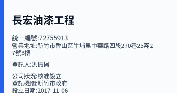 長宏油漆工程的照片-統編 72755913(新竹市) 公司登記資料與營業項目詳細圖表