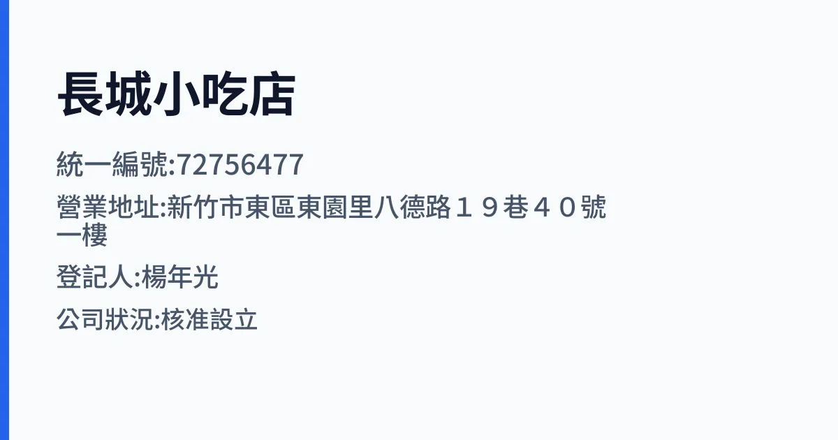 長城小吃店 - 統編 72756477(新竹市) 公司登記資料與營業項目詳細圖表