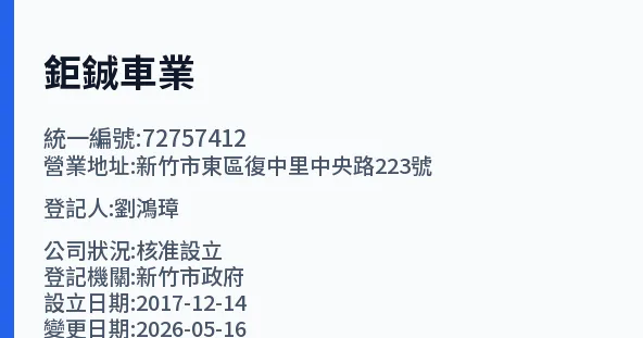 鉅鋮車業的照片-統編 72757412(新竹市) 公司登記資料與營業項目詳細圖表