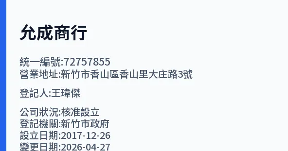 允成商行的照片-統編 72757855(新竹市) 公司登記資料與營業項目詳細圖表