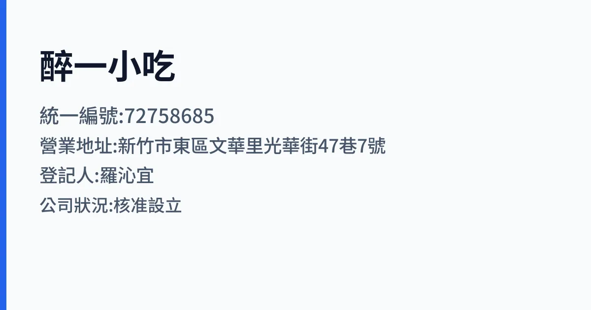 醉一小吃 - 統編 72758685(新竹市) 公司登記資料與營業項目詳細圖表