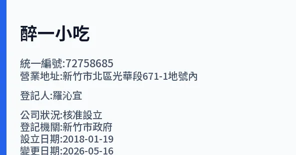 醉一小吃的照片-統編 72758685(新竹市) 公司登記資料與營業項目詳細圖表