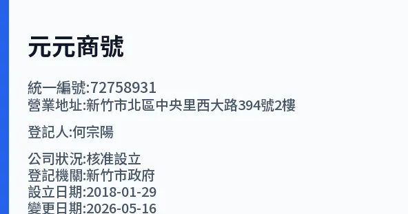 元元商號的照片-統編 72758931(新竹市) 公司登記資料與營業項目詳細圖表