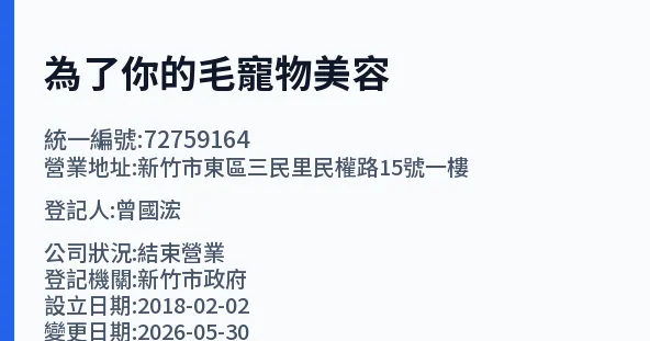 為了你的毛寵物美容的照片-統編 72759164(新竹市) 公司登記資料與營業項目詳細圖表