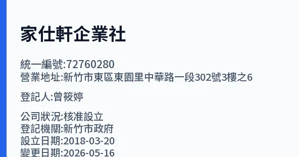 家仕軒企業社的照片-統編 72760280(新竹市) 公司登記資料與營業項目詳細圖表