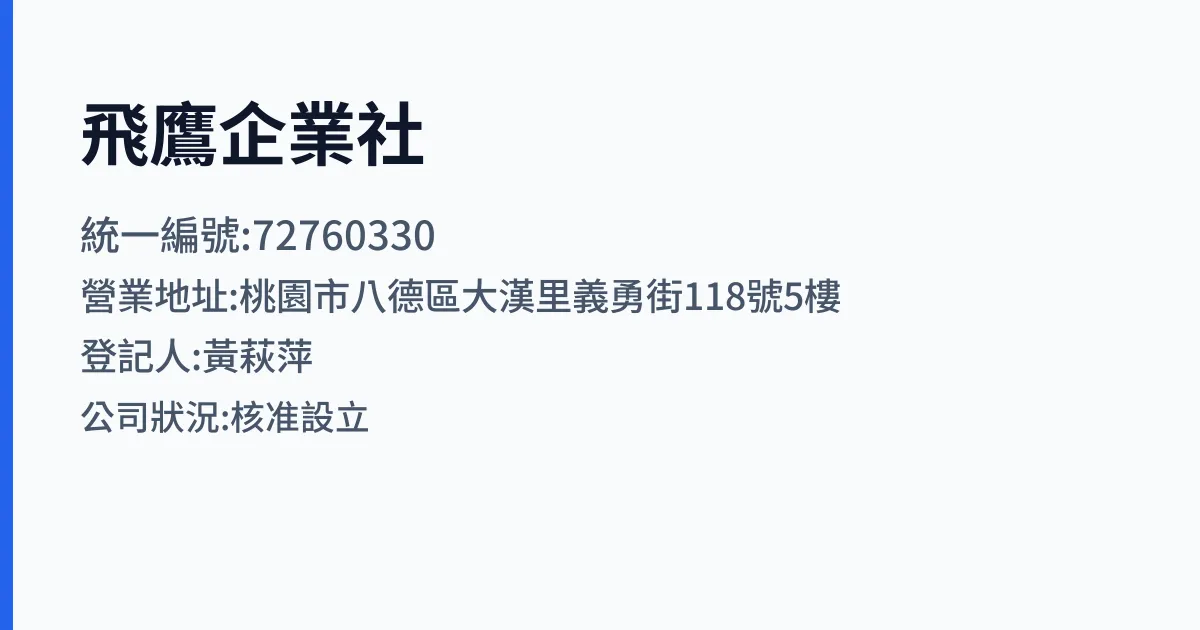飛鷹企業社 - 統編 72760330(桃園市) 公司登記資料與營業項目詳細圖表