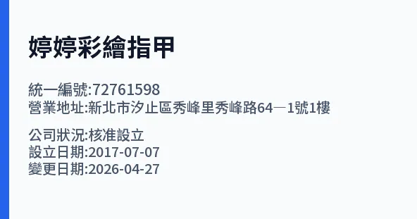 婷婷彩繪指甲的照片-統編 72761598(新北市) 公司登記資料與營業項目詳細圖表