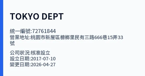 TOKYO DEPT的照片-統編 72761844(桃園市) 公司登記資料與營業項目詳細圖表