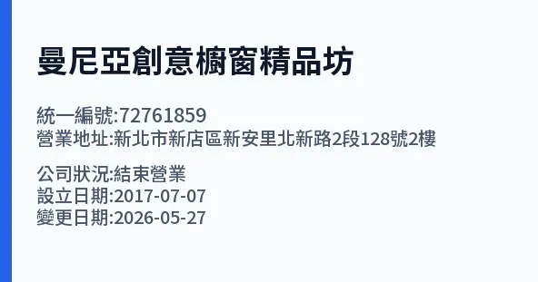 曼尼亞創意櫥窗精品坊的照片-統編 72761859(新北市) 公司登記資料與營業項目詳細圖表