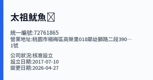 太祖魷魚焿的照片-統編 72761865(桃園市) 公司登記資料與營業項目詳細圖表