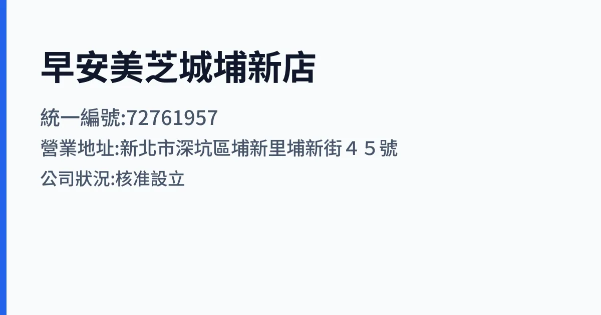 早安美芝城埔新店 - 統編 72761957(新北市) 公司登記資料與營業項目詳細圖表