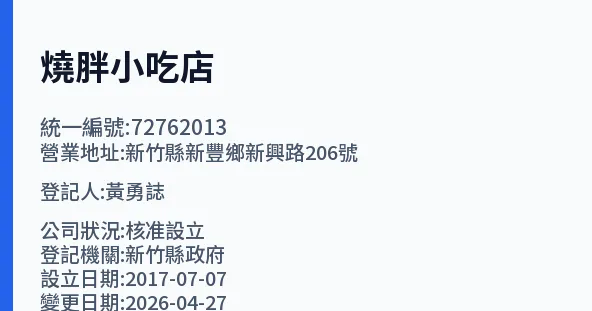燒胖小吃店的照片-統編 72762013(新竹縣) 公司登記資料與營業項目詳細圖表