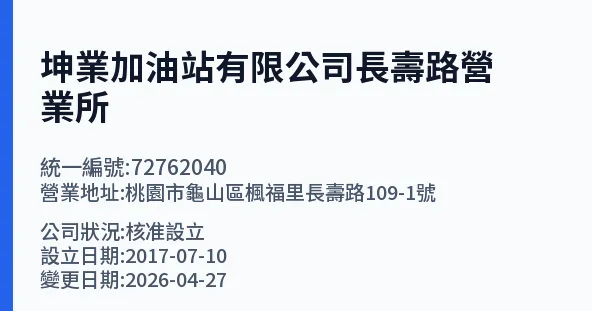 坤業加油站有限公司長壽路營業所的照片-統編 72762040(桃園市) 公司登記資料與營業項目詳細圖表