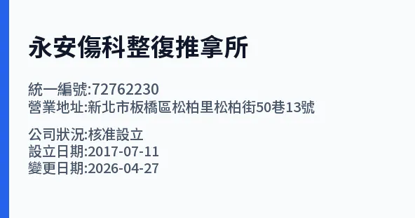 永安傷科整復推拿所的照片-統編 72762230(新北市) 公司登記資料與營業項目詳細圖表