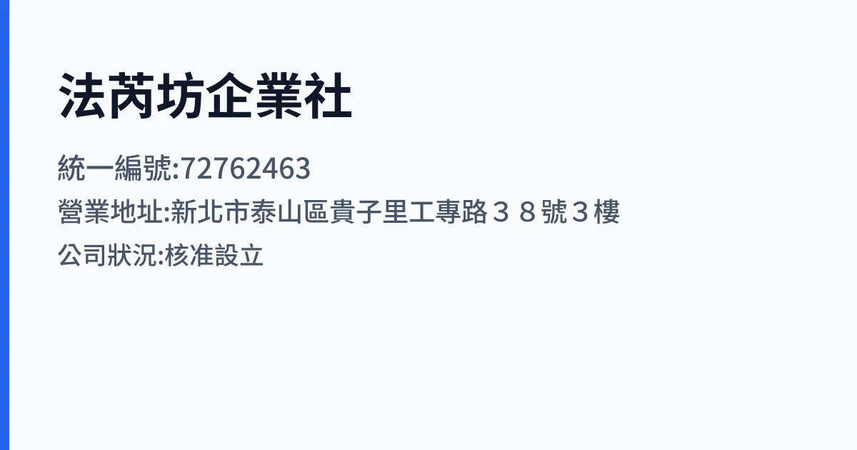 法芮坊企業社 - 統編 72762463(新北市) 公司登記資料與營業項目詳細圖表