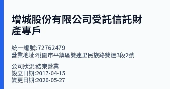 增城股份有限公司受託信託財產專戶的照片-統編 72762479(桃園市) 公司登記資料與營業項目詳細圖表