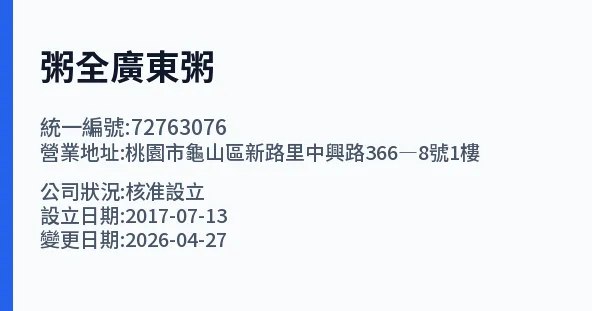 粥全廣東粥的照片-統編 72763076(桃園市) 公司登記資料與營業項目詳細圖表