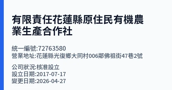 有限責任花蓮縣原住民有機農業生產合作社的照片-統編 72763580(花蓮縣) 公司登記資料與營業項目詳細圖表