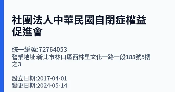 社團法人中華民國自閉症權益促進會的照片-統編 72764053(新北市) 公司登記資料與營業項目詳細圖表