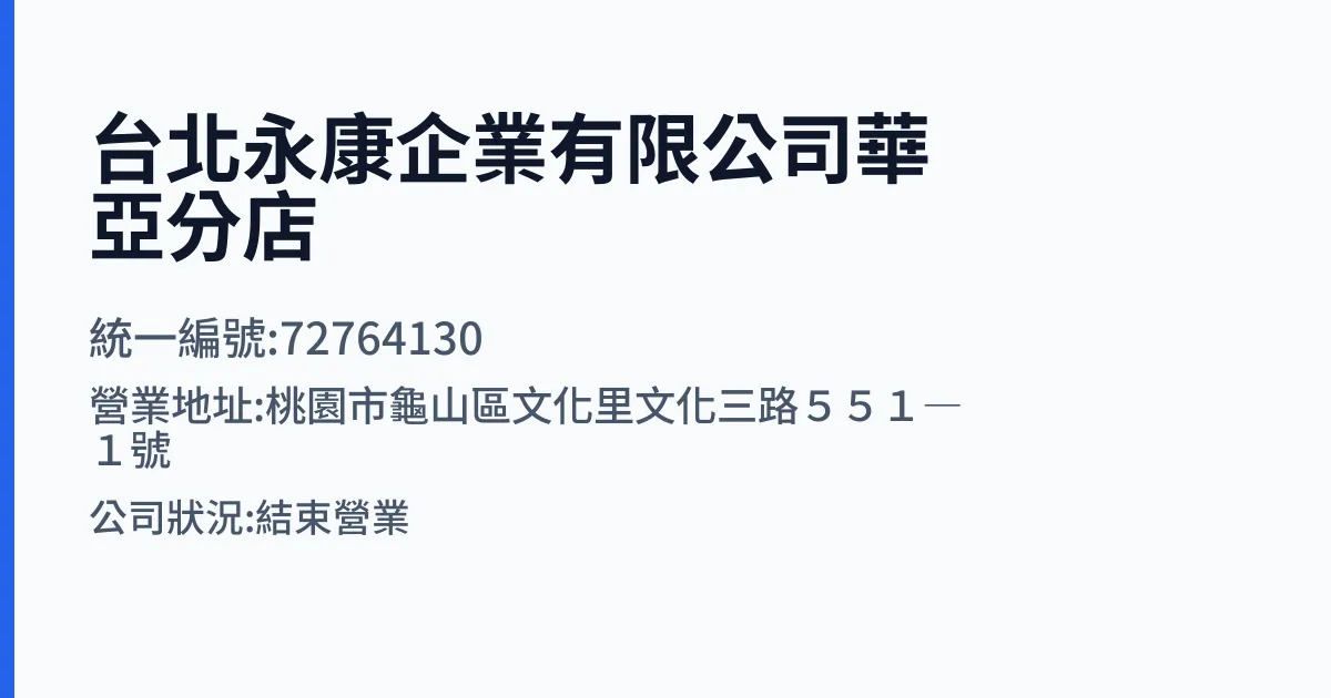 台北永康企業有限公司華亞分店 - 統編 72764130(桃園市) 公司登記資料與營業項目詳細圖表
