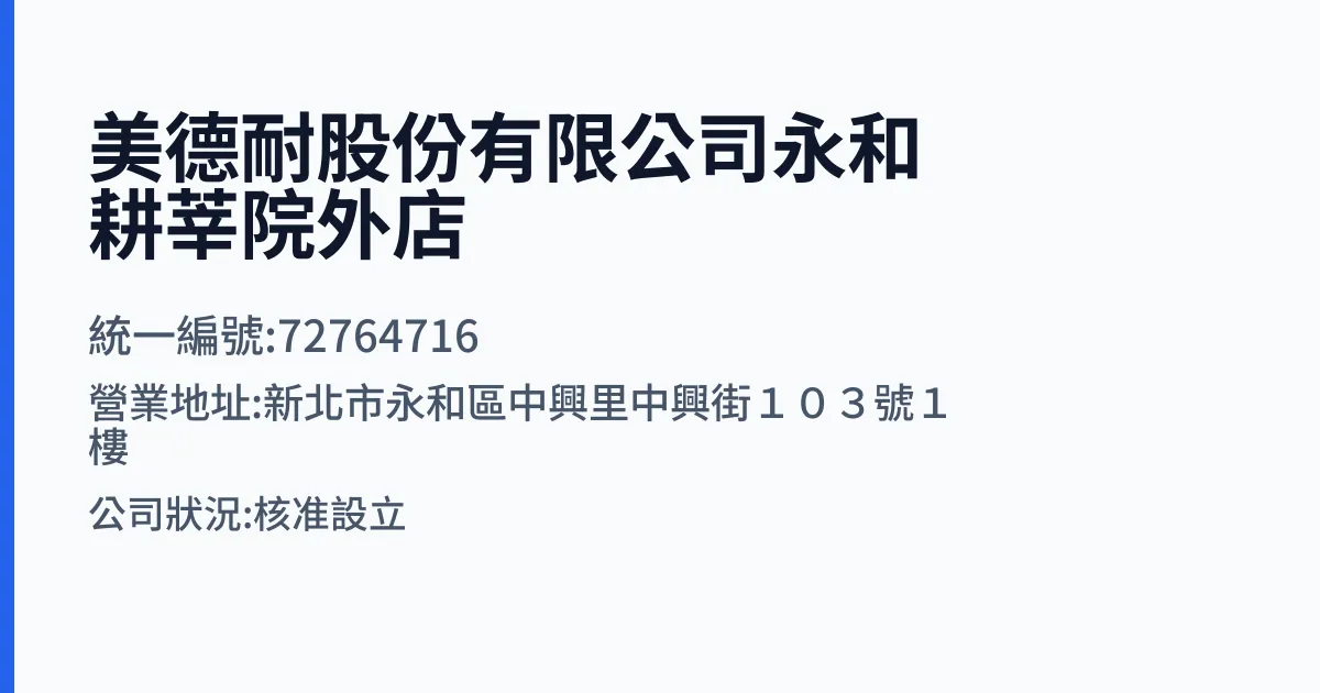 美德耐股份有限公司永和耕莘院外店 - 統編 72764716(新北市) 公司登記資料與營業項目詳細圖表