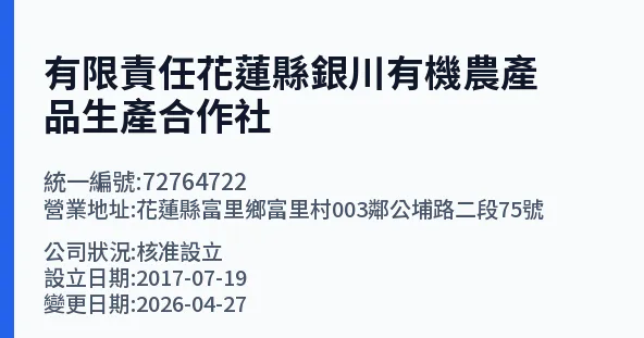 有限責任花蓮縣銀川有機農產品生產合作社的照片-統編 72764722(花蓮縣) 公司登記資料與營業項目詳細圖表