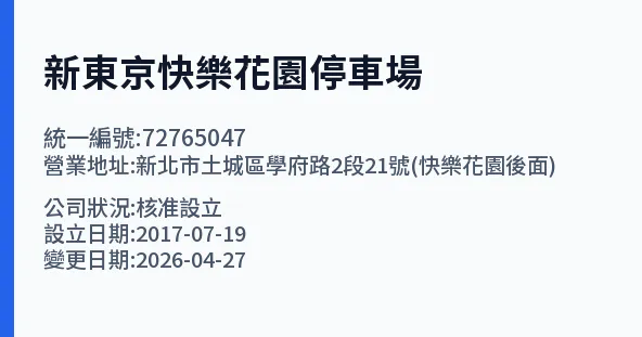 新東京快樂花園停車場的照片-統編 72765047(新北市) 公司登記資料與營業項目詳細圖表