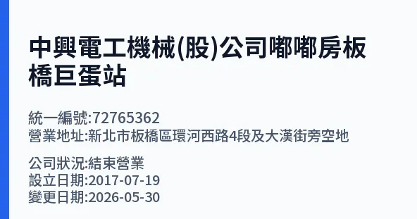 中興電工機械(股)公司嘟嘟房板橋巨蛋站的照片-統編 72765362(新北市) 公司登記資料與營業項目詳細圖表