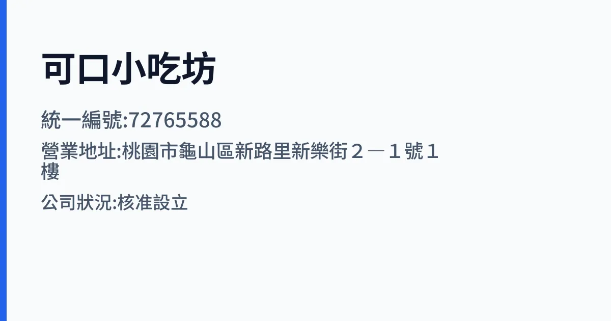 可口小吃坊 - 統編 72765588(桃園市) 公司登記資料與營業項目詳細圖表