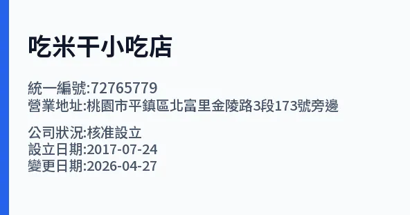 吃米干小吃店的照片-統編 72765779(桃園市) 公司登記資料與營業項目詳細圖表